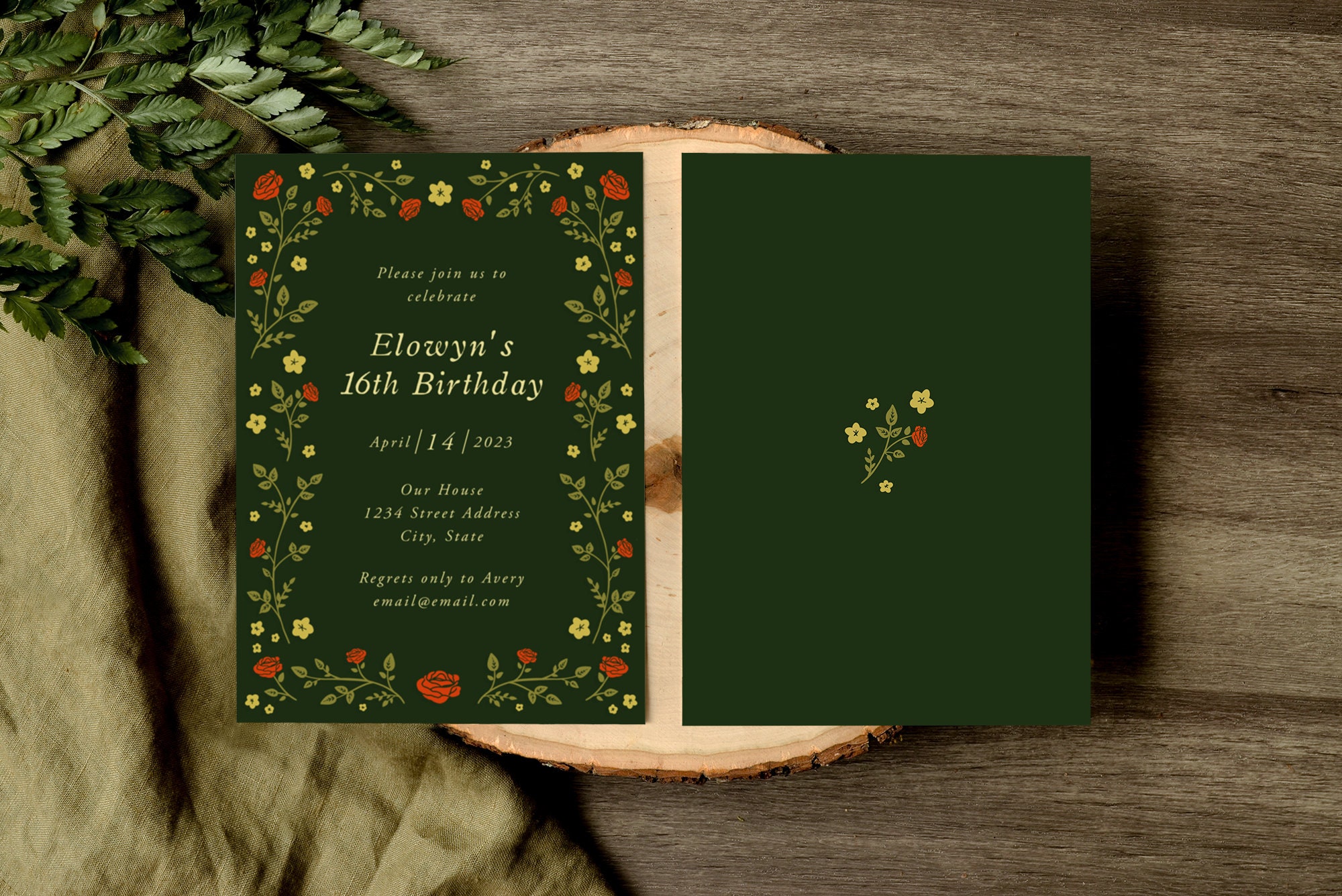 Forest Green Birthday Invitation Template, Sage Rose Vines Greenery ...