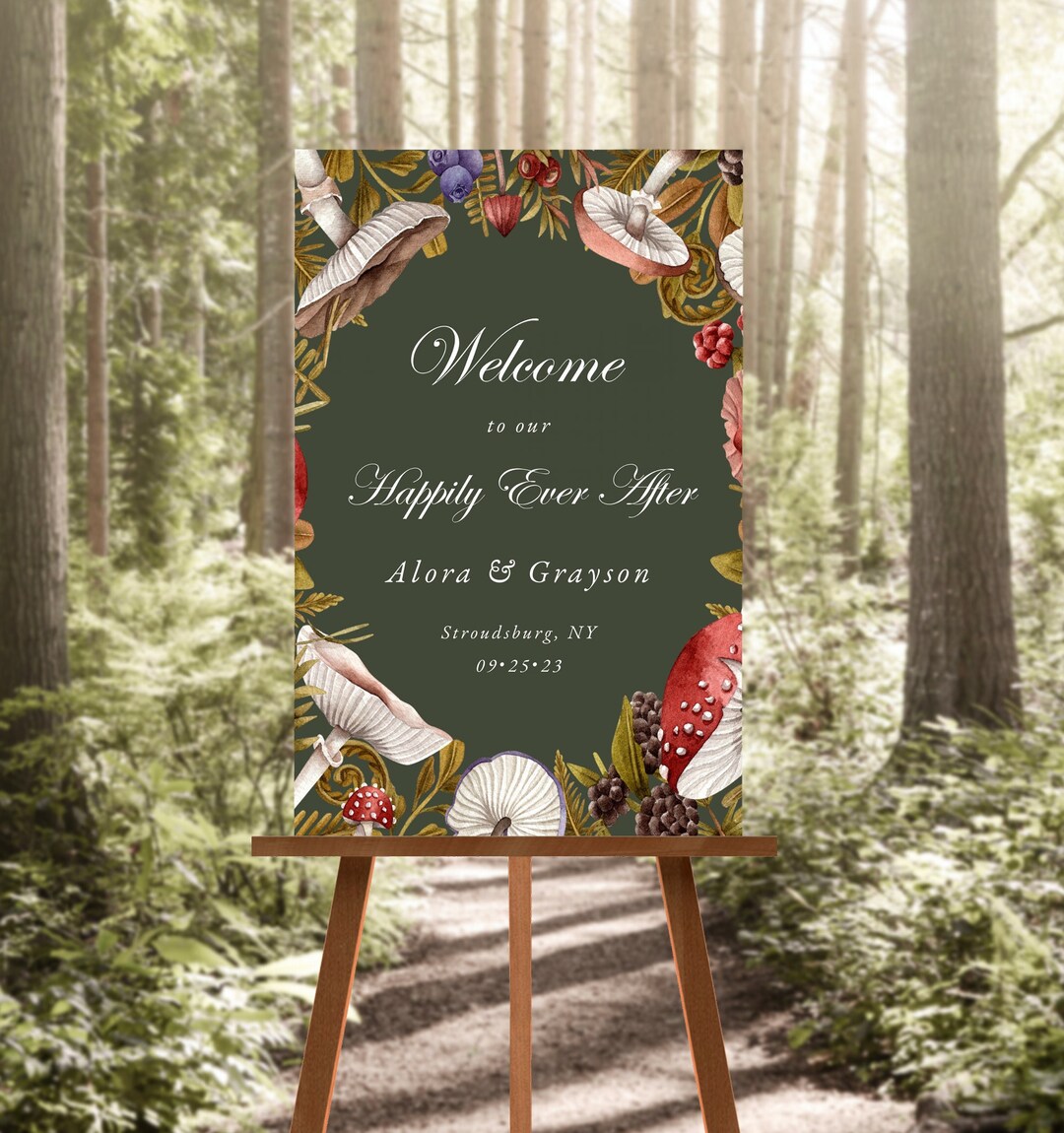 Forest Green Wedding Welcome Sign Template, Fairytale Mushroom Mountain ...