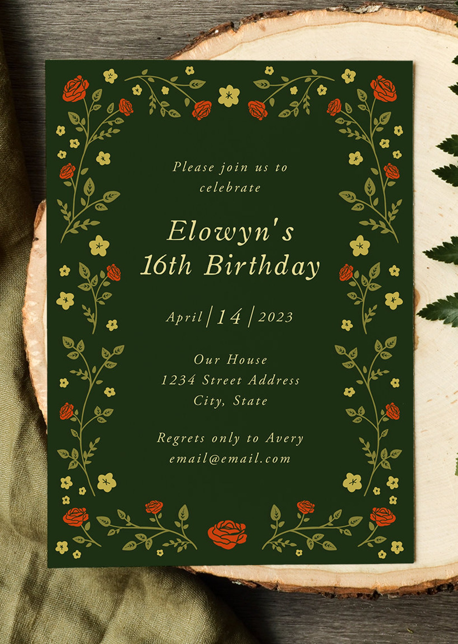 Forest Green Birthday Invitation Template, Sage Rose Vines Greenery ...
