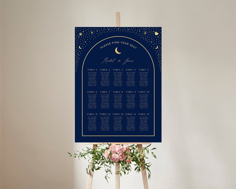 Navy Blue Celestial Arch Wedding Seating Chart Template 18x24, Magical ...