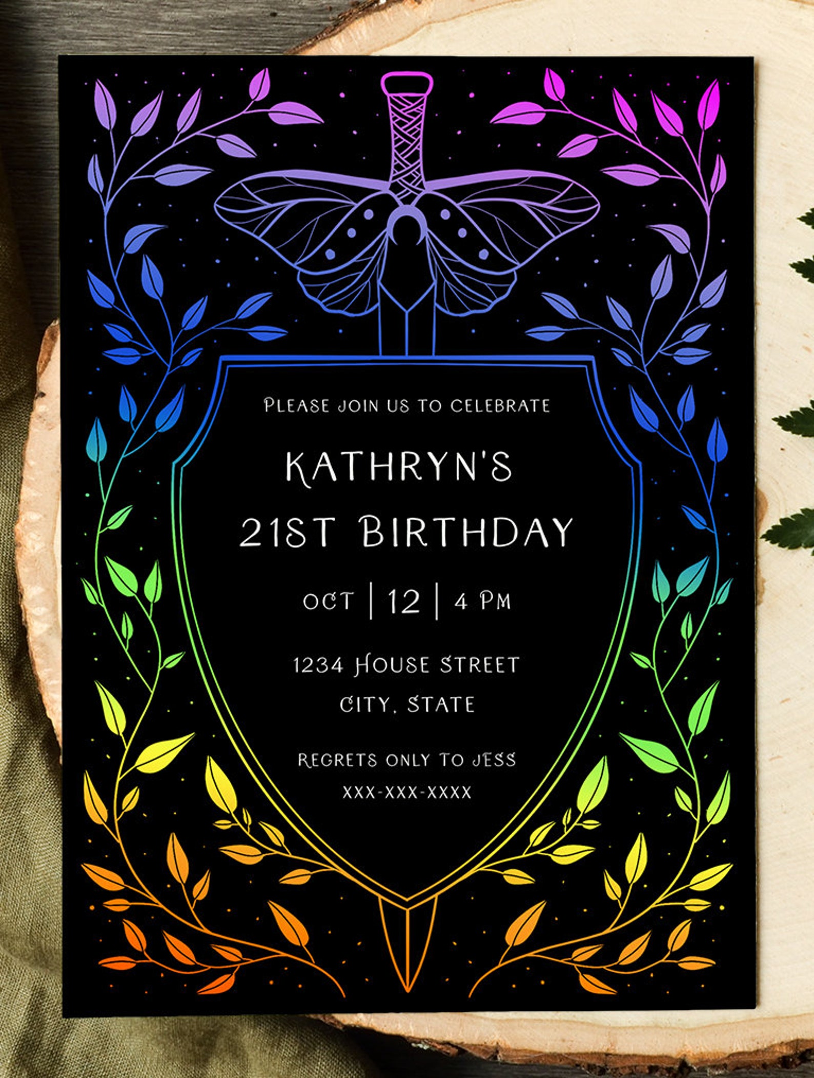 Rainbow Fantasy Birthday Invitation Template, Fairytale Knightcore Moth ...