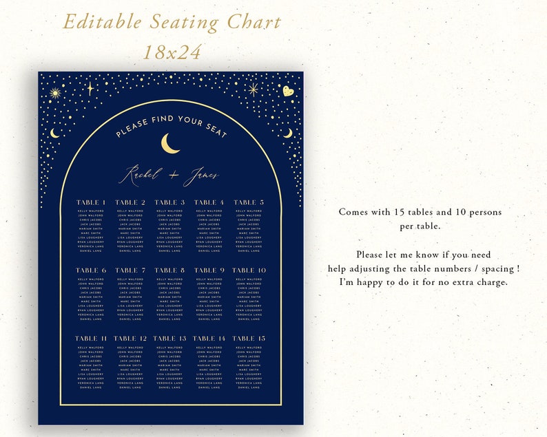 Navy Blue Celestial Arch Wedding Seating Chart Template 18x24, Magical ...
