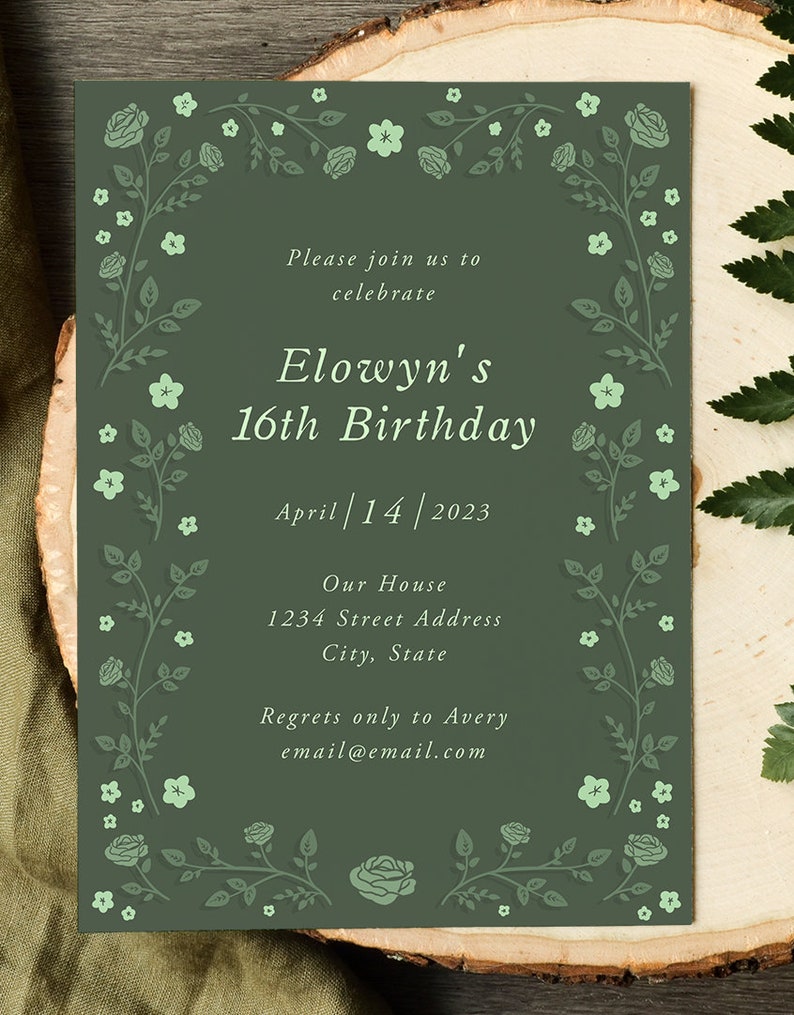 Sage Green Birthday Invitation Template, Rose Vines Greenery Floral ...