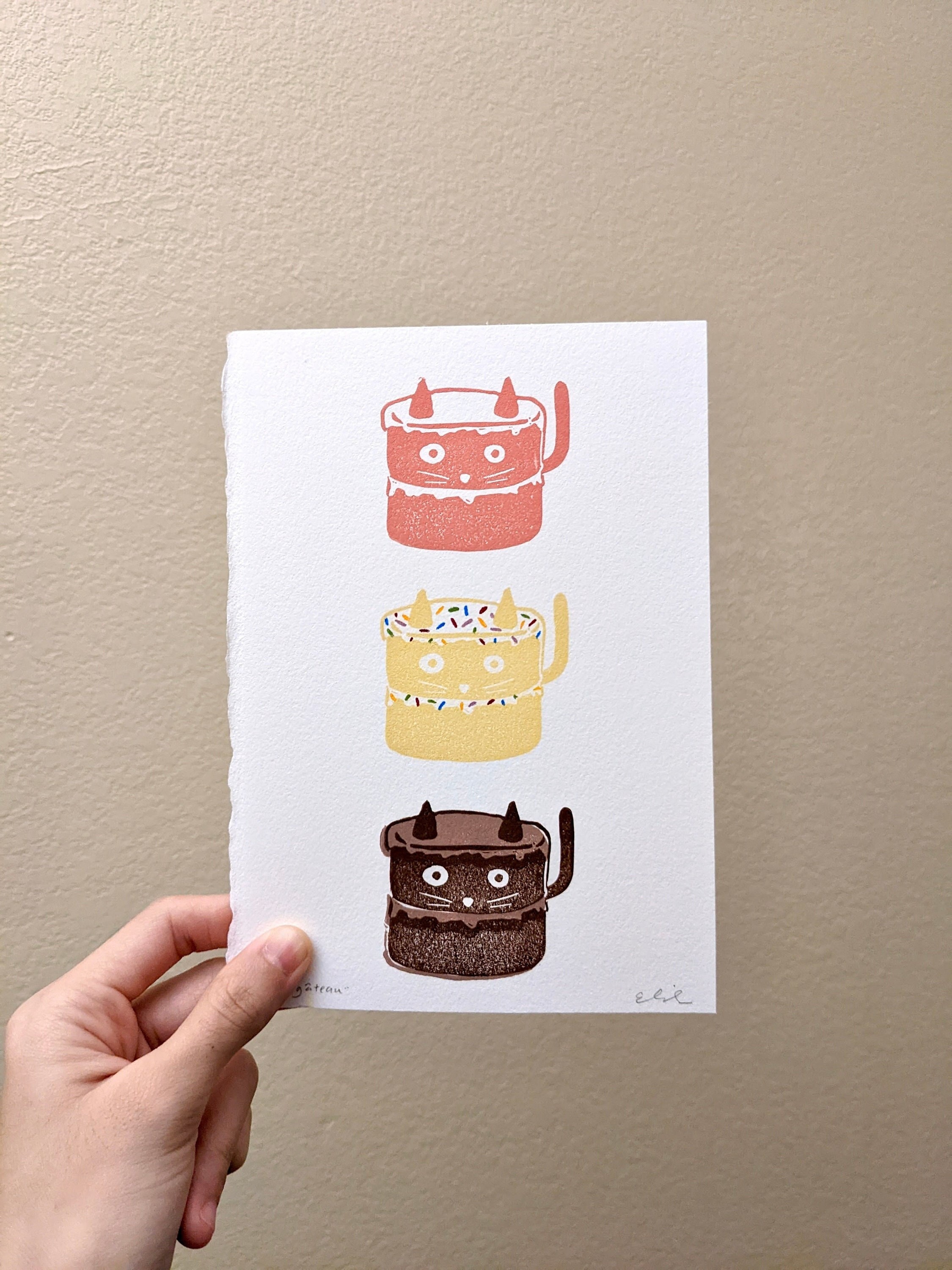 Cat Cake Gato Gâteau Linocut Block Print 5 X 7 In - Etsy Israel