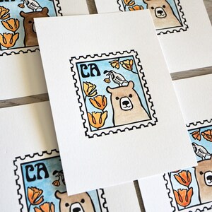 California Symbols Postal Stamp Print Linocut Watercolor Poppy Bear ...