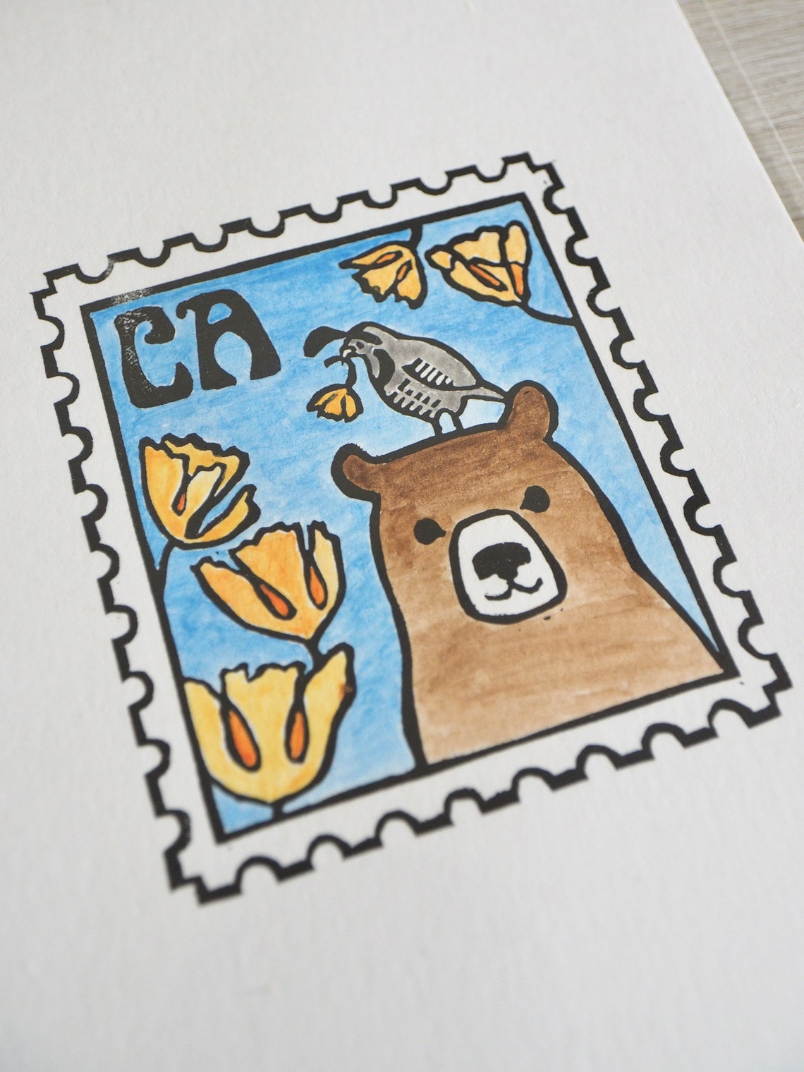 California Symbols Postal Stamp Print Linocut Watercolor Poppy Bear ...
