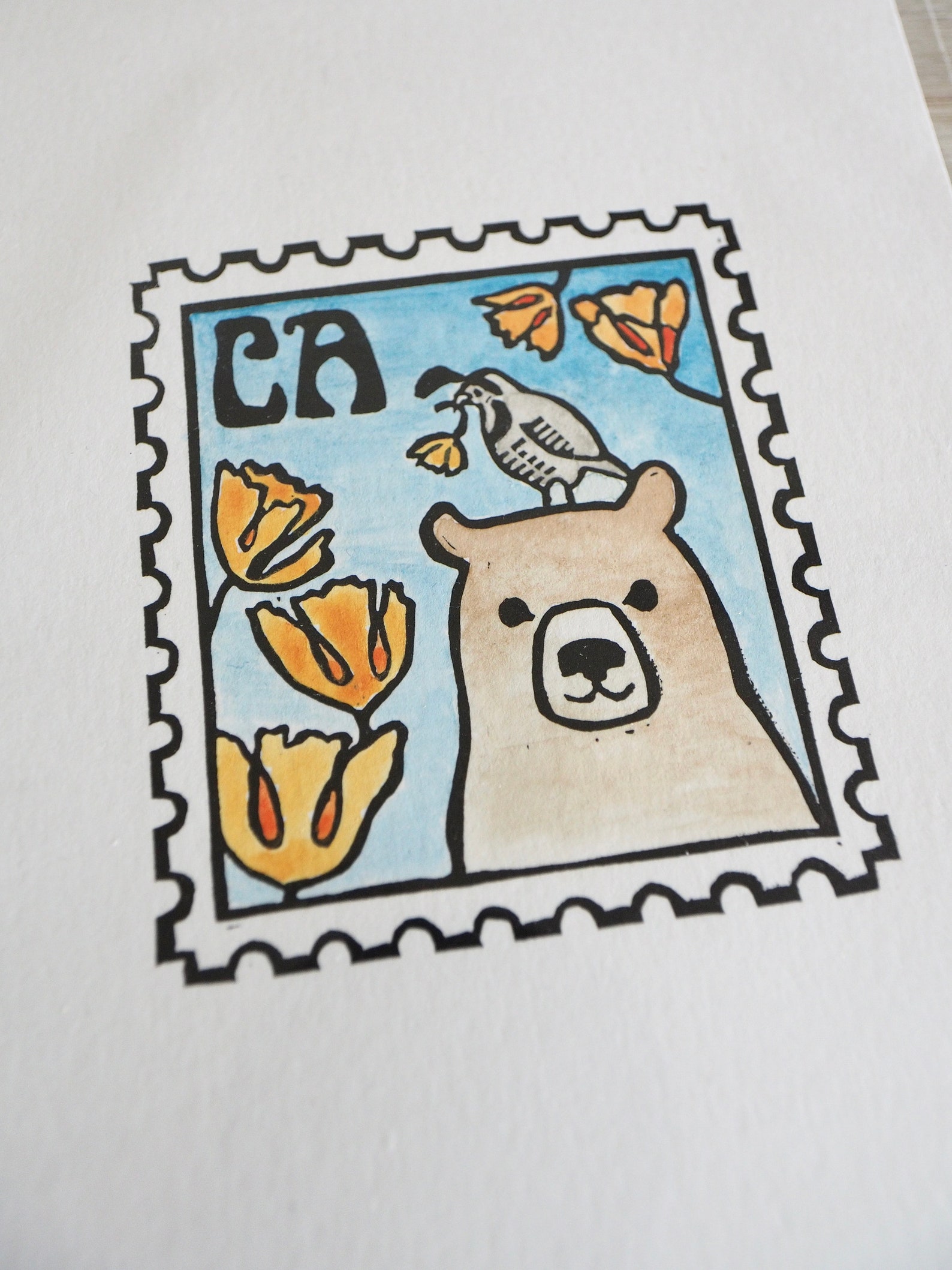 California Symbols Postal Stamp Print Linocut Watercolor Poppy Bear ...