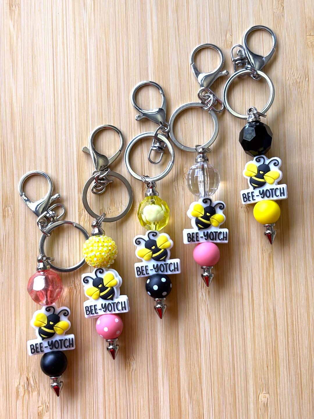 Bee-yotch Bumble Bee Keychain Gem | Silicone & Acrylic Beaded Honey Bee ...