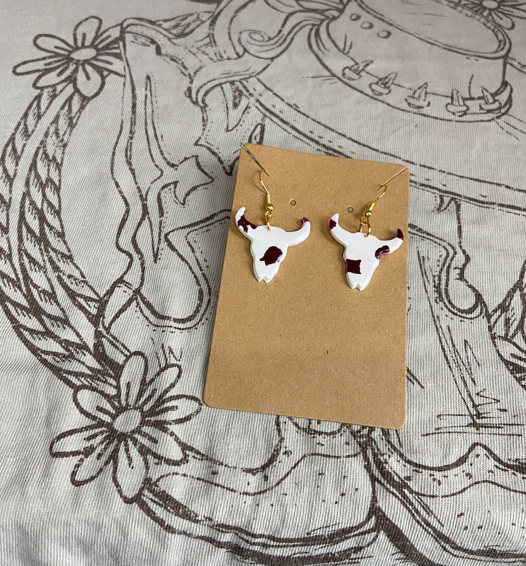 Maroon Cow Print Bull Head Earrings - Etsy