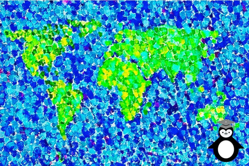 Colorful Watercolor Pointillism World Map of Earth Digital Print, Back ...