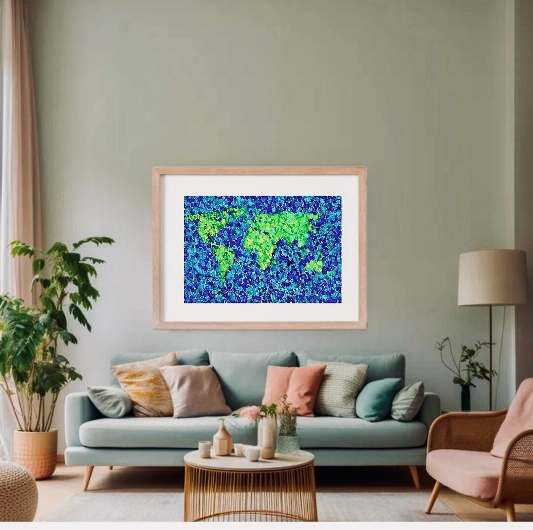 Colorful Watercolor Pointillism World Map of Earth Digital Print, Back ...