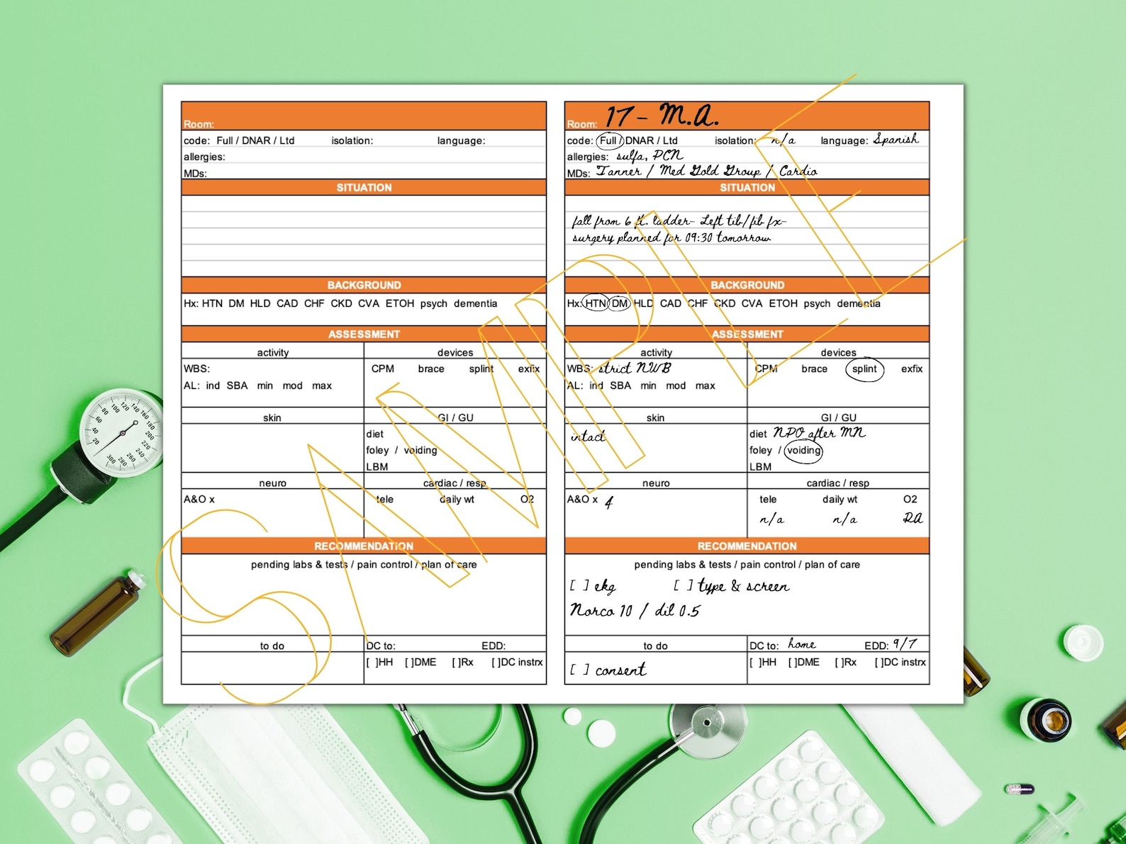 Nursing SBAR Printable Nurse Shift Report Ortho Med Surg Nurse Sbar ...