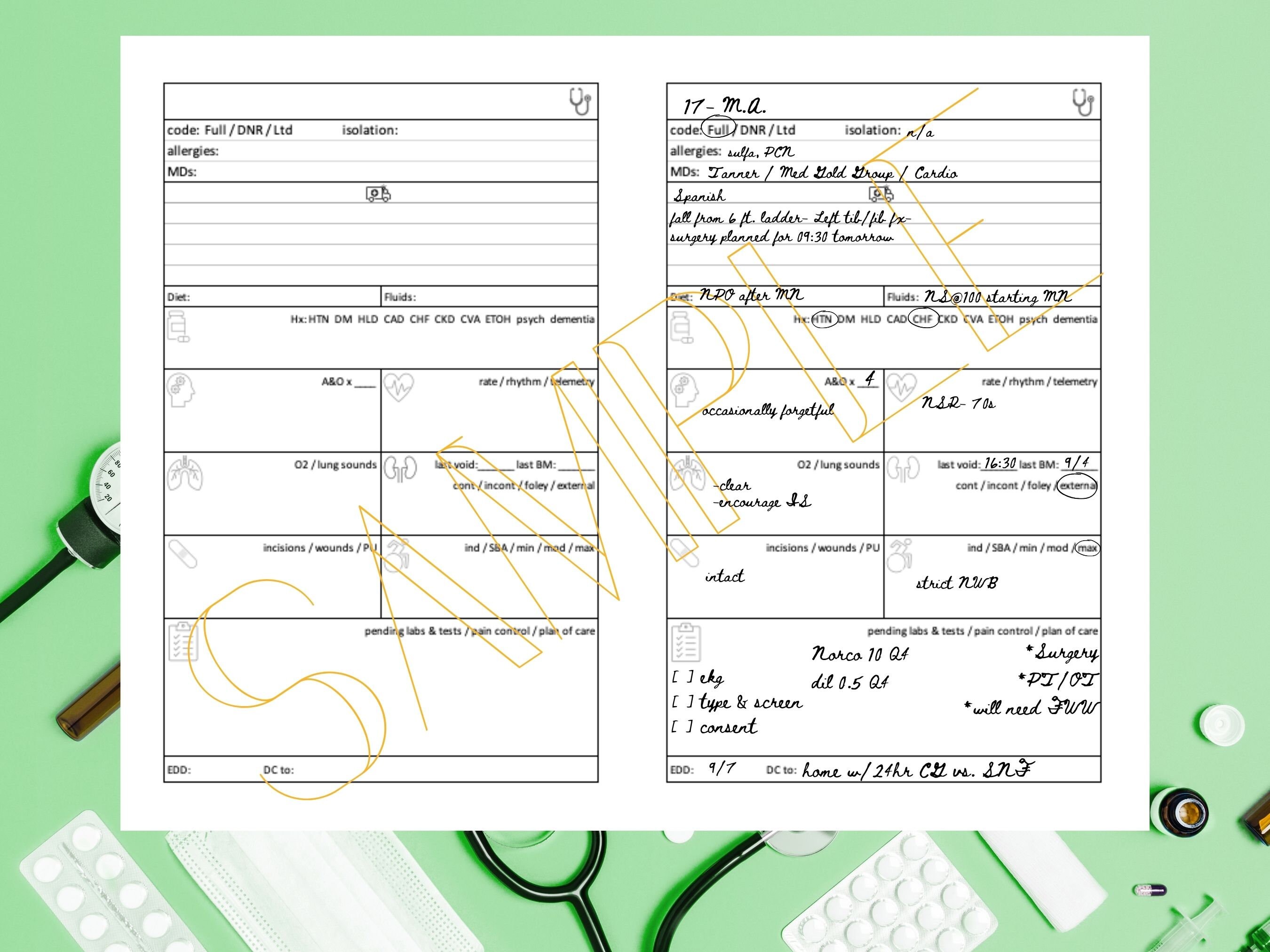 Nursing SBAR Printable Nurse Shift Report Ortho Med Surg Nurse Brain ...