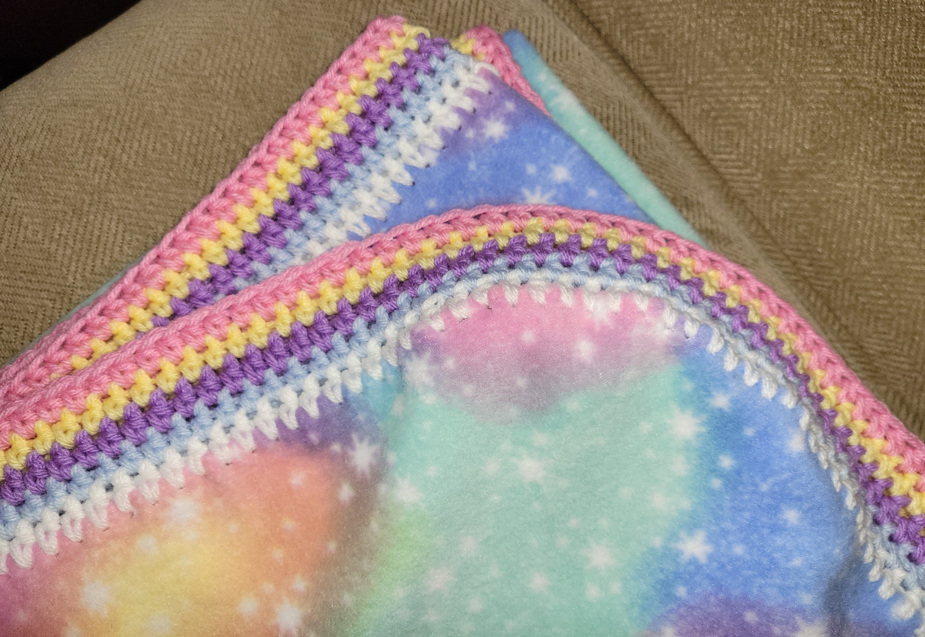 Multi-colored Blanket Pastel Bedding Fleece Throw Hand Crocheted Edges ...