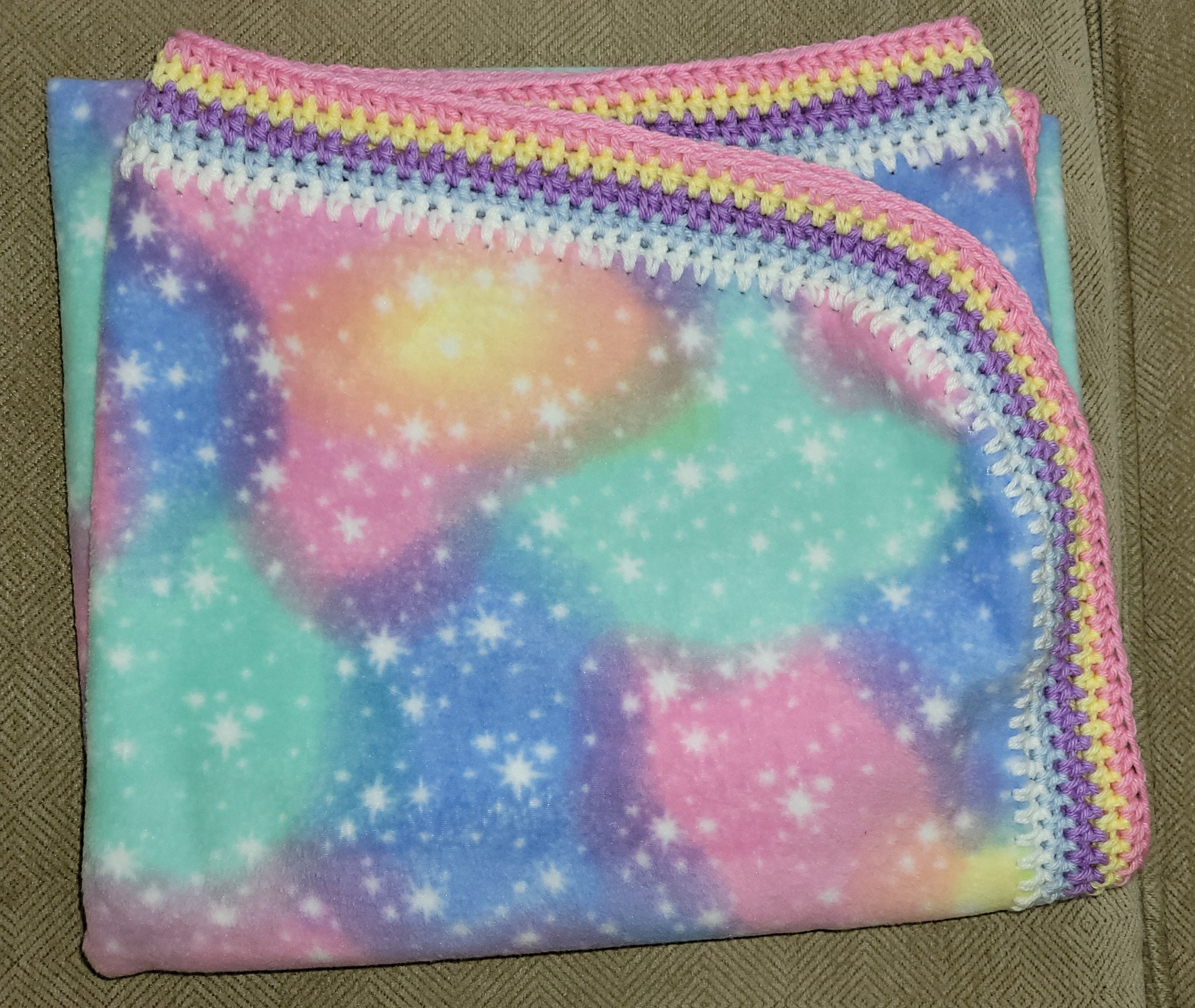 Multi-colored Blanket Pastel Bedding Fleece Throw Hand Crocheted Edges ...