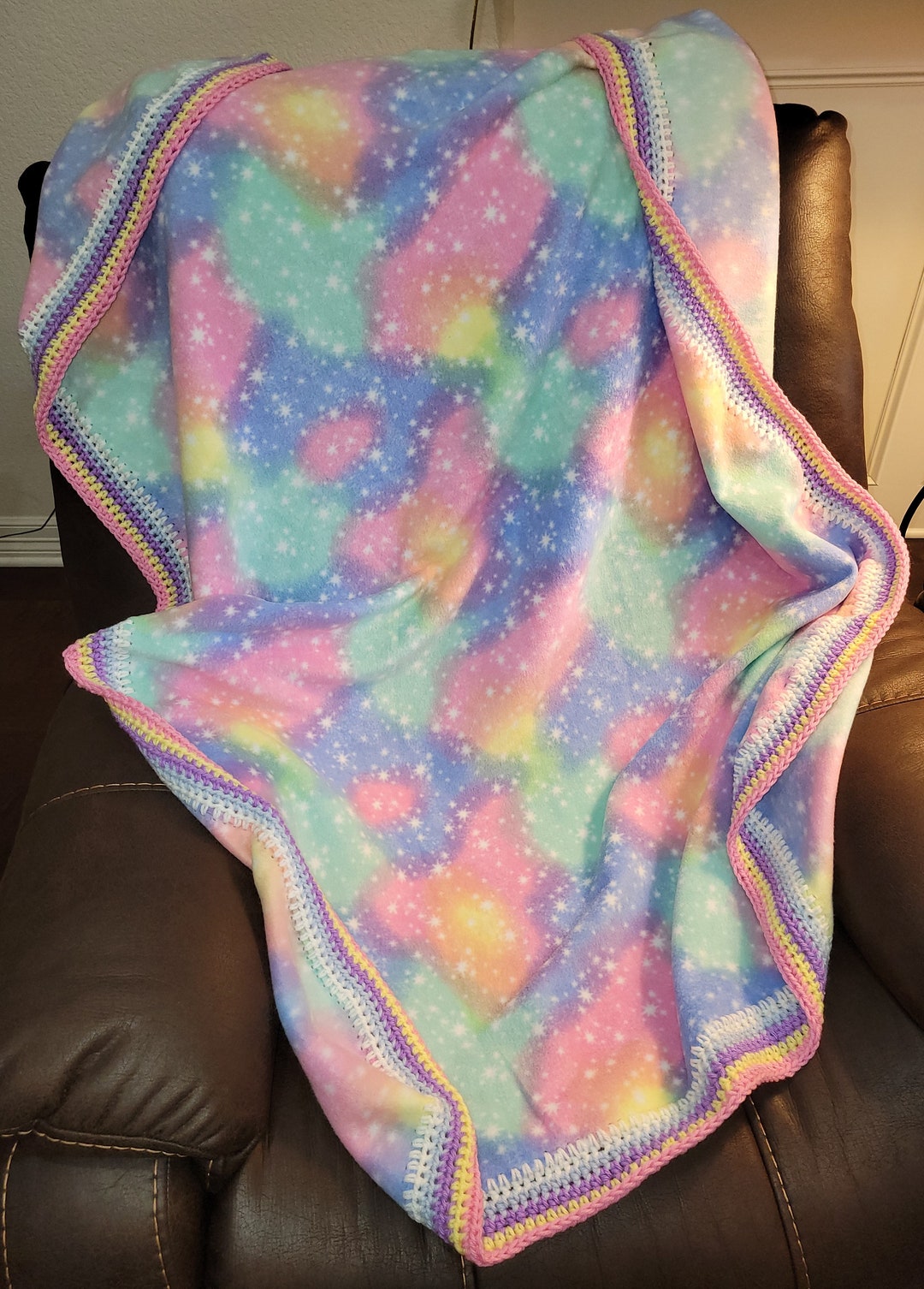 Multi-colored Blanket | Pastel Bedding | Fleece Throw | Hand Crocheted ...