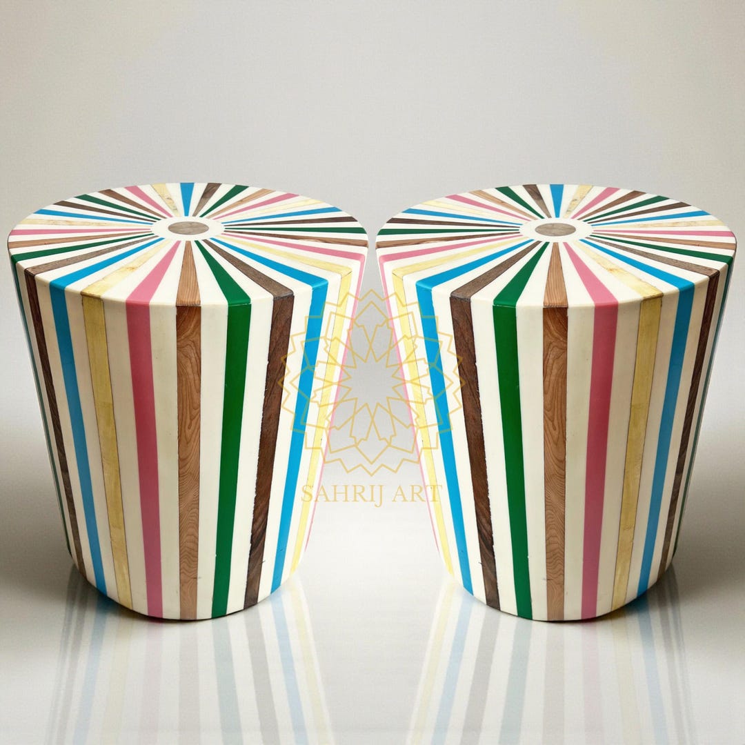Set of 2 Colorful Retro Side Tables, White Resin & Wood Sunburst Stool ...