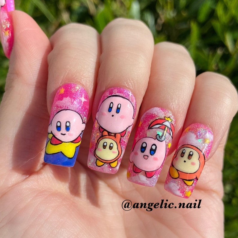 Handpainted Glow in the Dark Kirby Press on Nails - Etsy