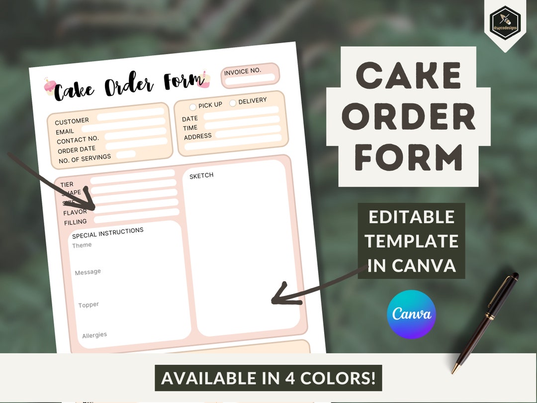 Cake Order Form Editable Cake Order Sheet for Bakery Form Business, 4 ...