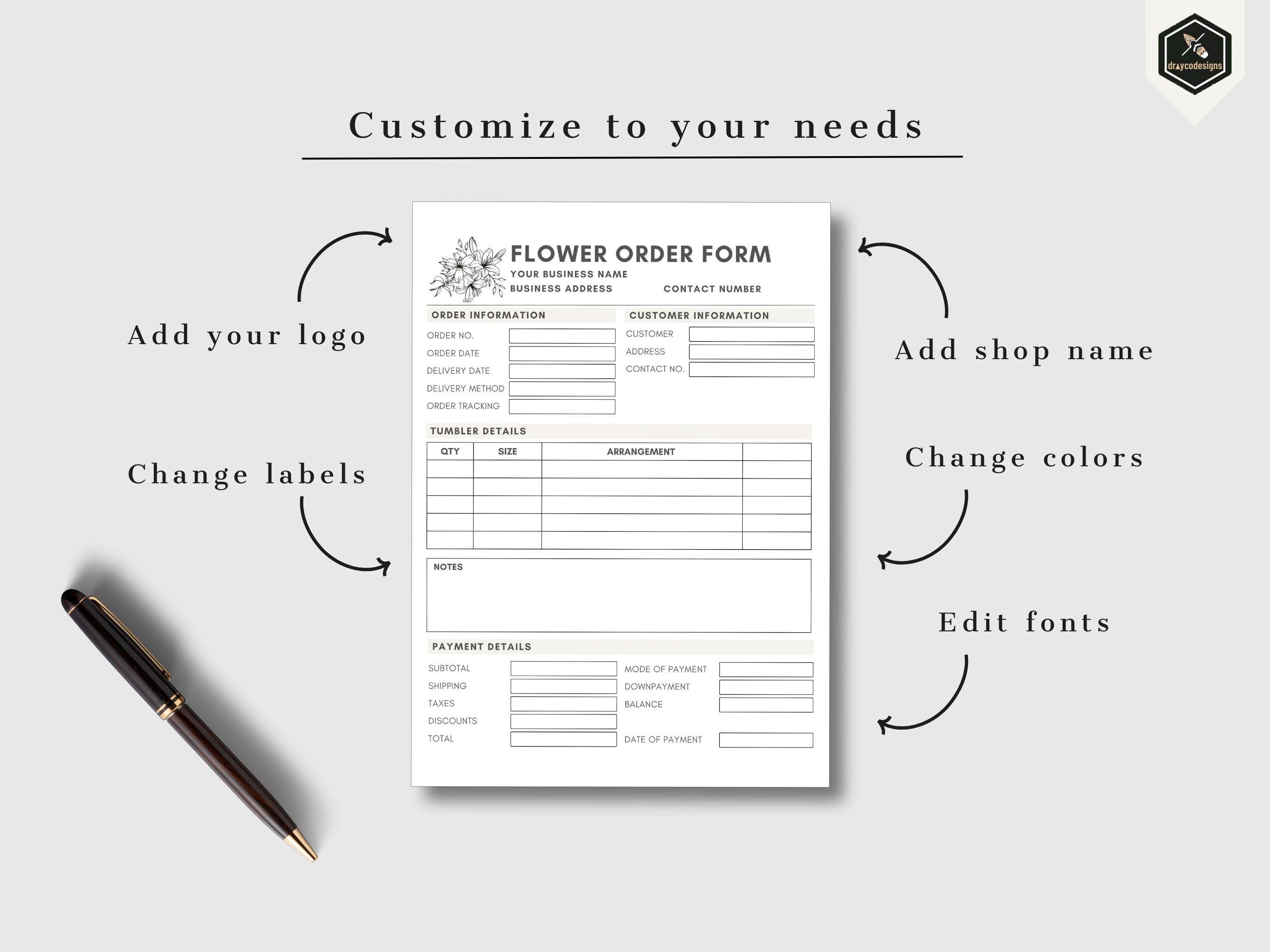Flower Order Form Ink Saver Template Florist Order Template for ...