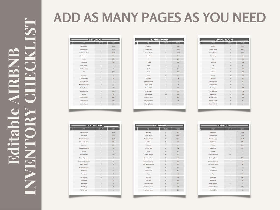 Airbnb Inventory Template Editable Airbnb Checklist of Household ...