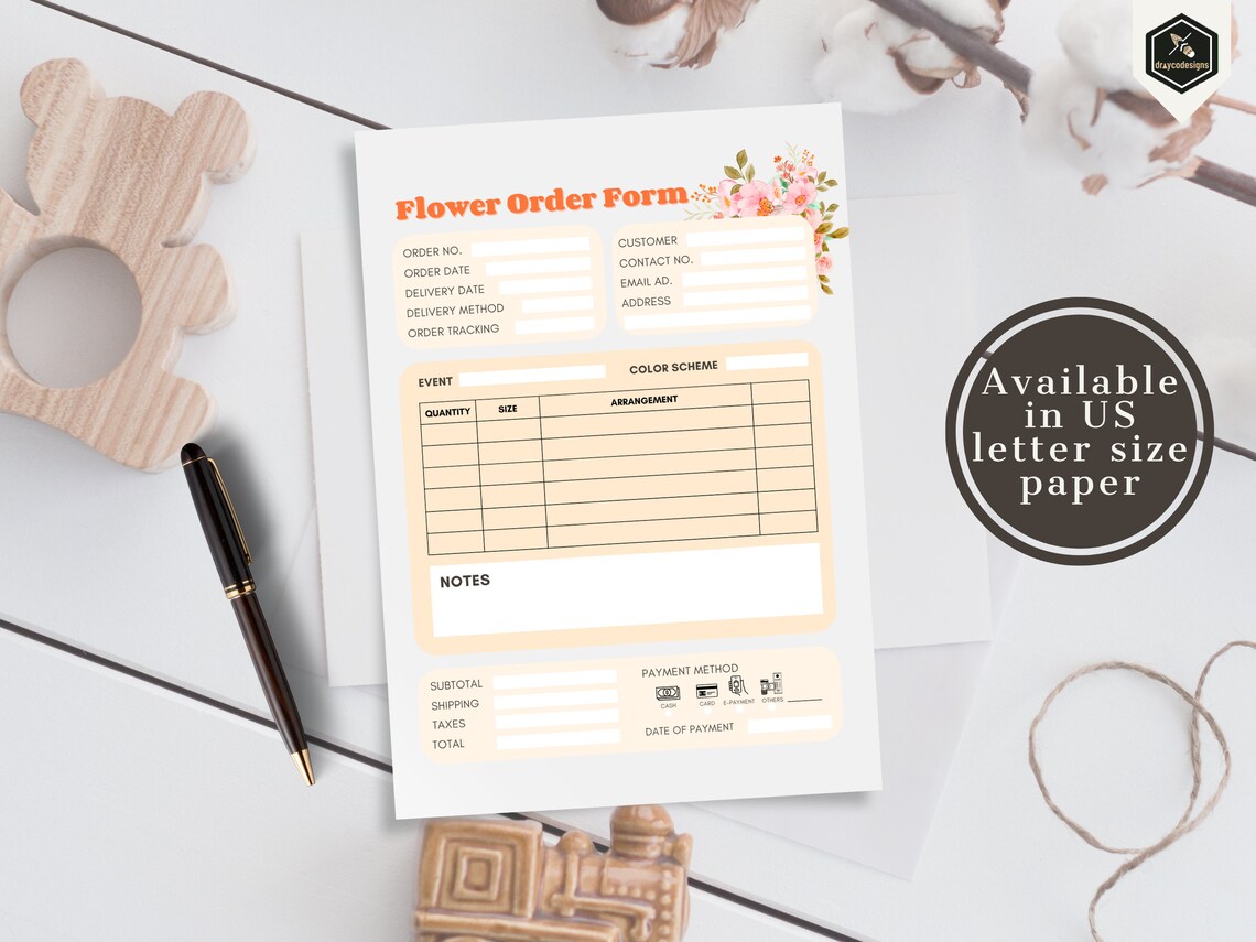 Flower Order Form Pink Template Florist Order Template Multiple Colors ...