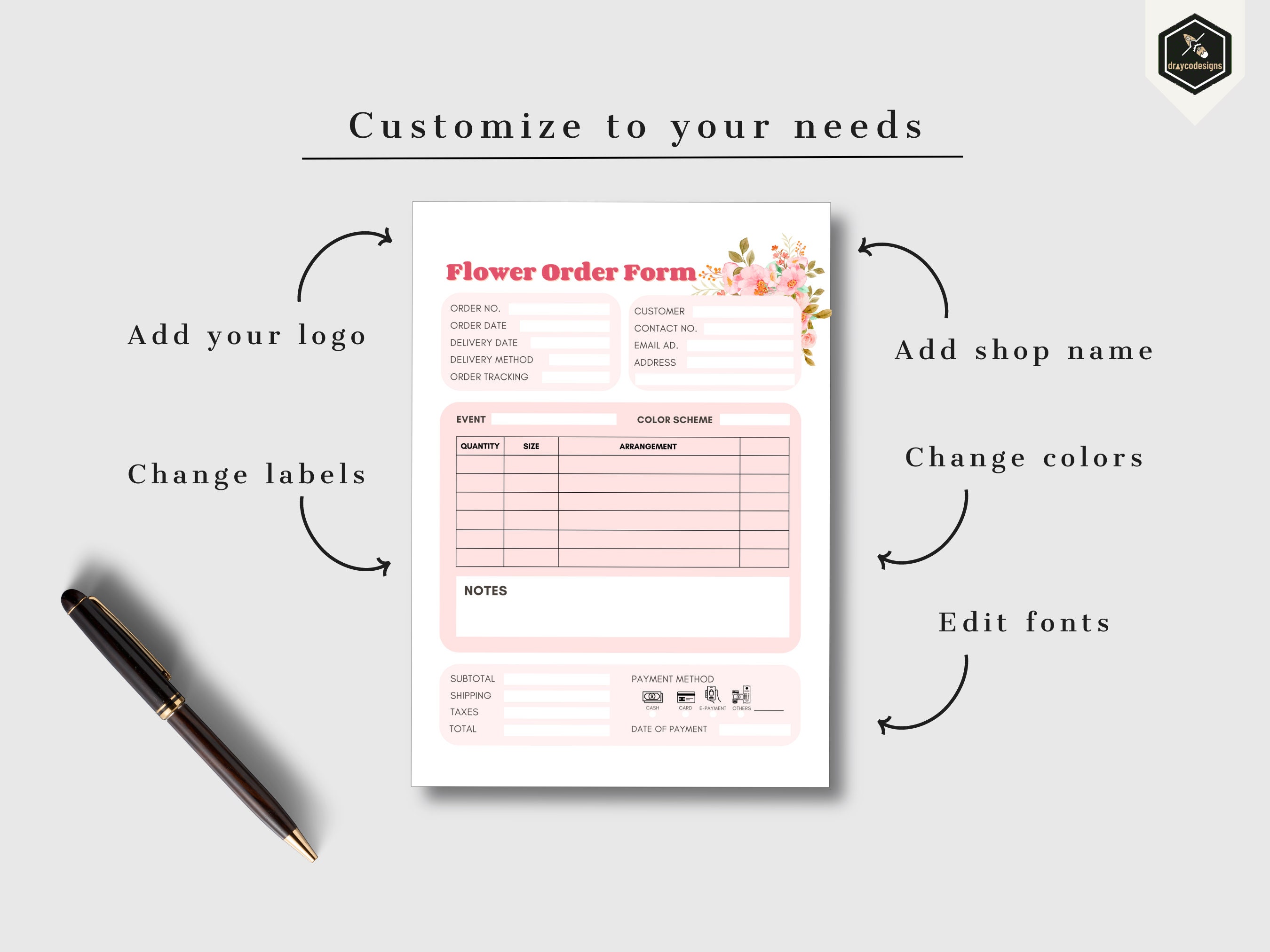 Flower Order Form Pink Template Florist Order Template Multiple Colors ...