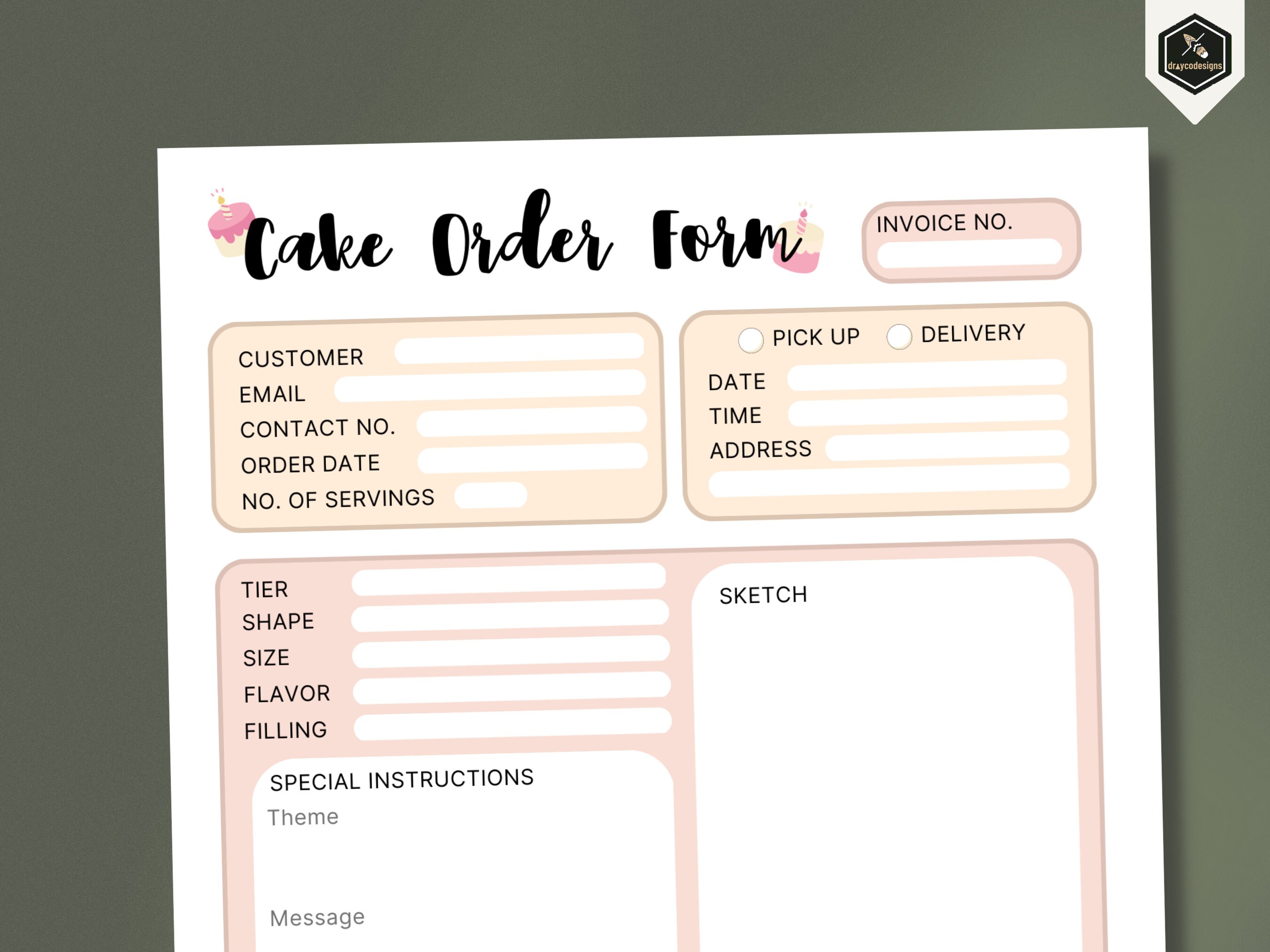 Cake Order Form Editable Cake Order Sheet for Bakery Form Business, 4 ...