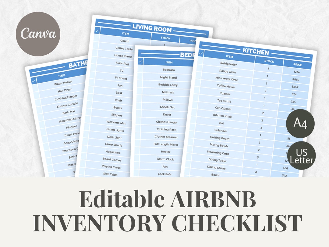 Airbnb Inventory Template Editable Airbnb Checklist Of Household Inventory Blue Checklist Of
