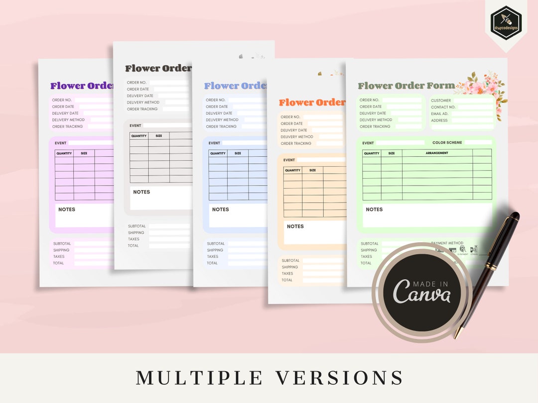 Flower Order Form Pink Template Florist Order Template Multiple Colors ...