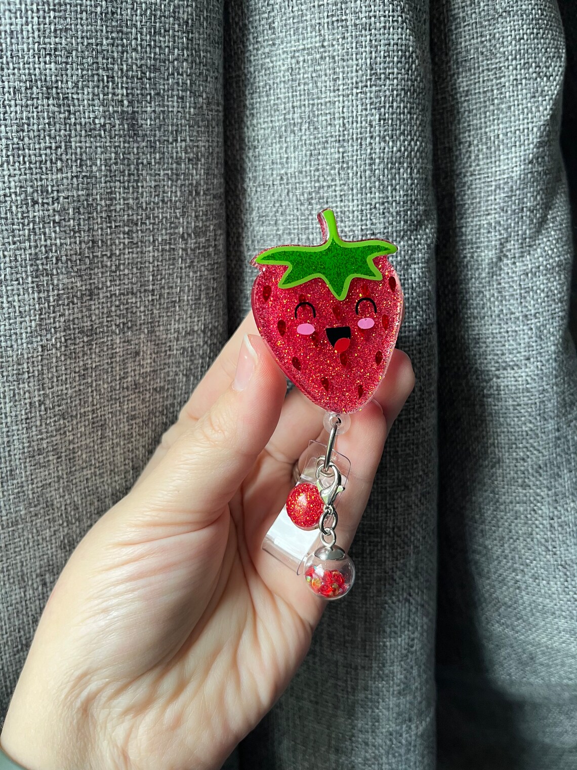 Happy Strawberry Badge Reel - With Removable Gem Charm - Etsy