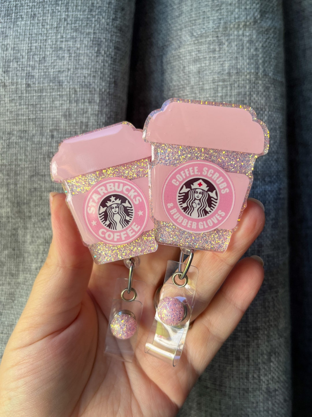 Pink Coffee Badge Reel - Coffee, Scrubs, and Rubber Gloves or Starbucks ...