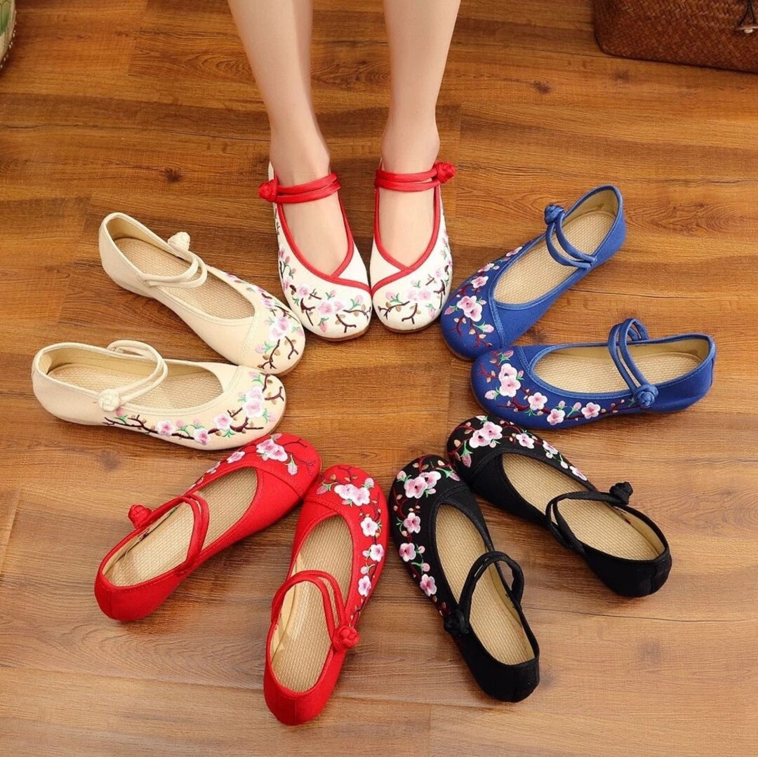 Plum Blossom Embroidered Ballet Flats Handcrafted - Etsy