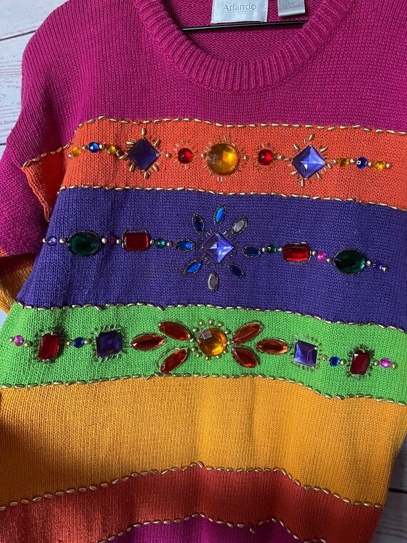 Vintage 1980s Arlando Embellished Rainbow Sweater Siz… - Gem