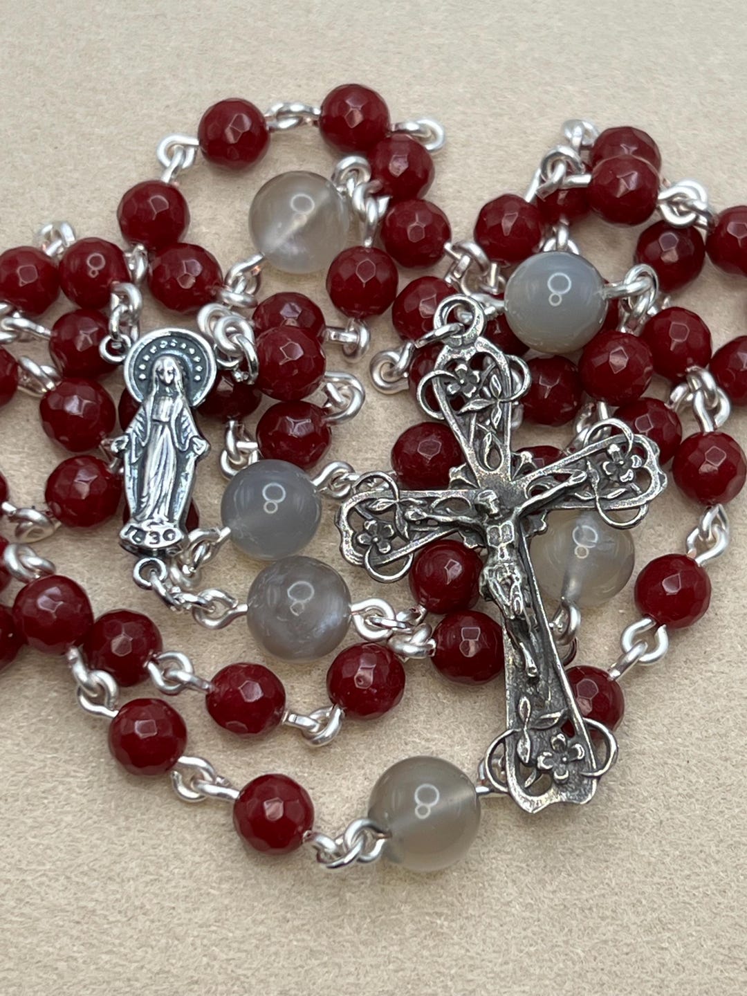 Figural Mary | Dark Red Jade | Heirloom Rosary | Handmade | Sterling ...