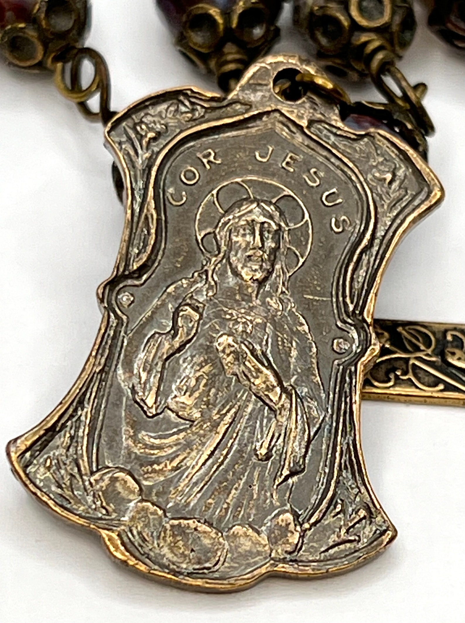 Bronze Jesus & Mary Cartouche Rosary | Red Agate Decade Chaplet - Etsy
