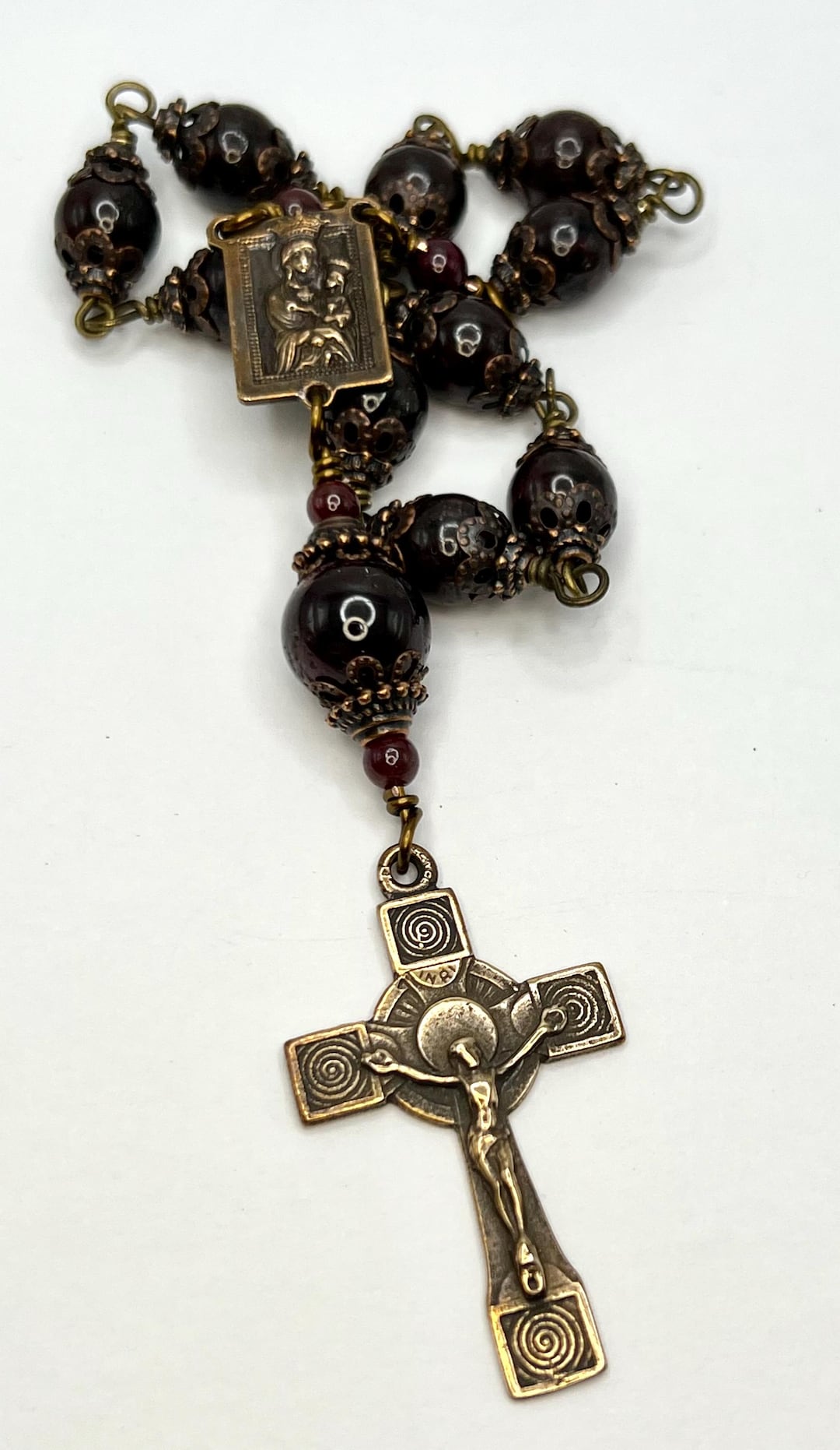 Handmade Garnet Rosary: Solid Bronze Crowned Mary Catholic Decade - Etsy