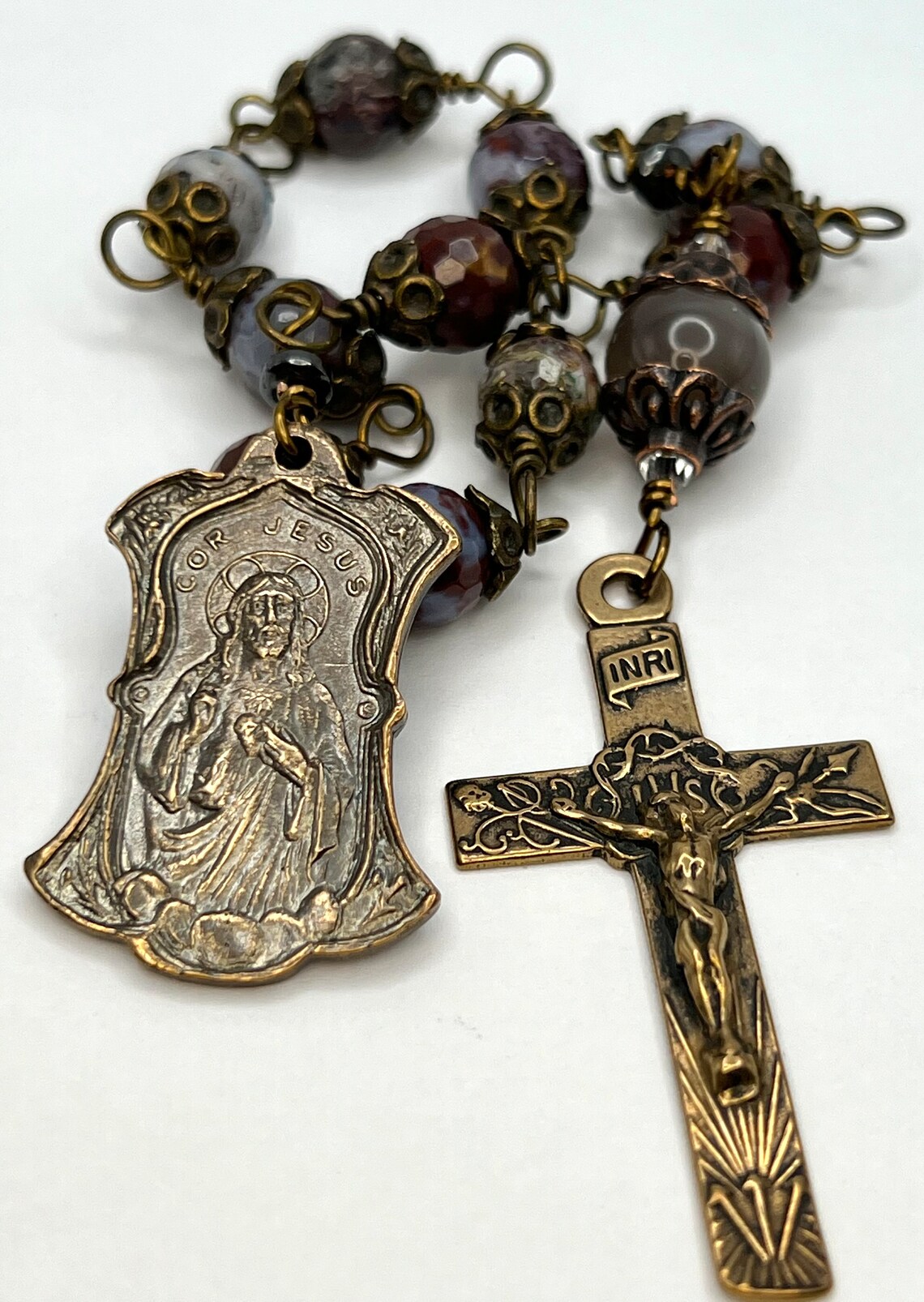 Bronze Jesus & Mary Cartouche Rosary | Red Agate Decade Chaplet - Etsy