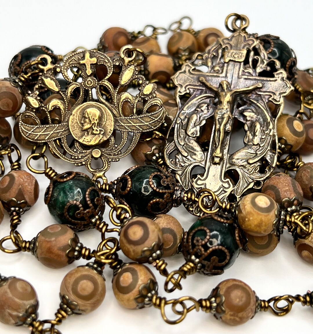 Handmade Solid Bronze Rosary | Tibetan Dzi Agate, Emerald Fuchsite ...