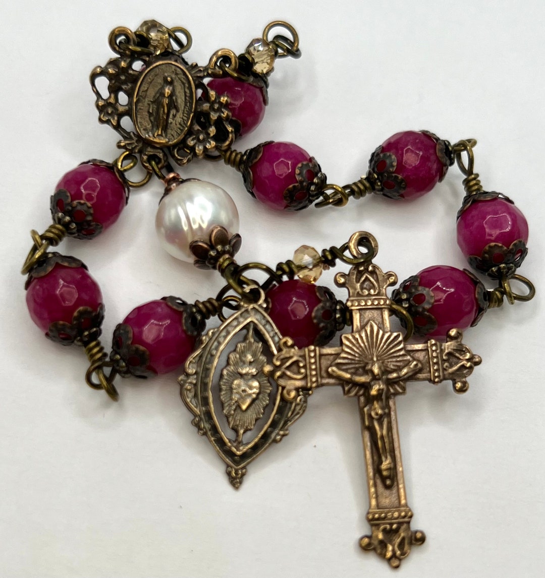 Mary With Tiny Flowers Magenta Jade Handmade Solid Bronze Single Decade ...