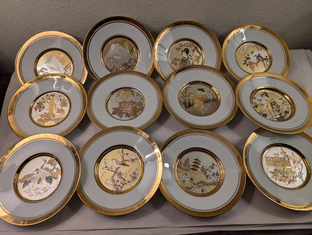 Lot of 12 Hamilton Collection Japan Floral Calendar 24KT Chokin Plates ...