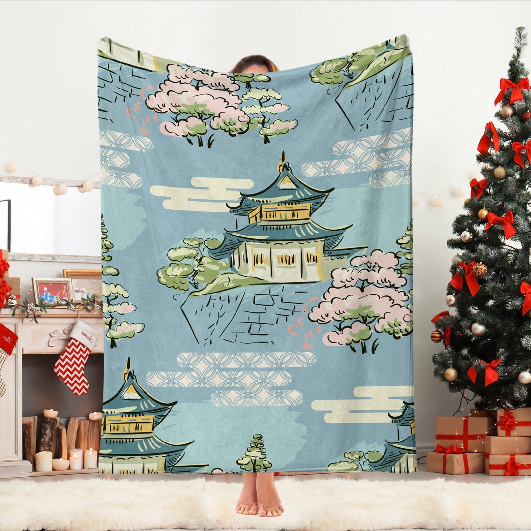 Japanese Blanket Blue,japanese Scene Blanket,japanese Pagoda Cherry ...