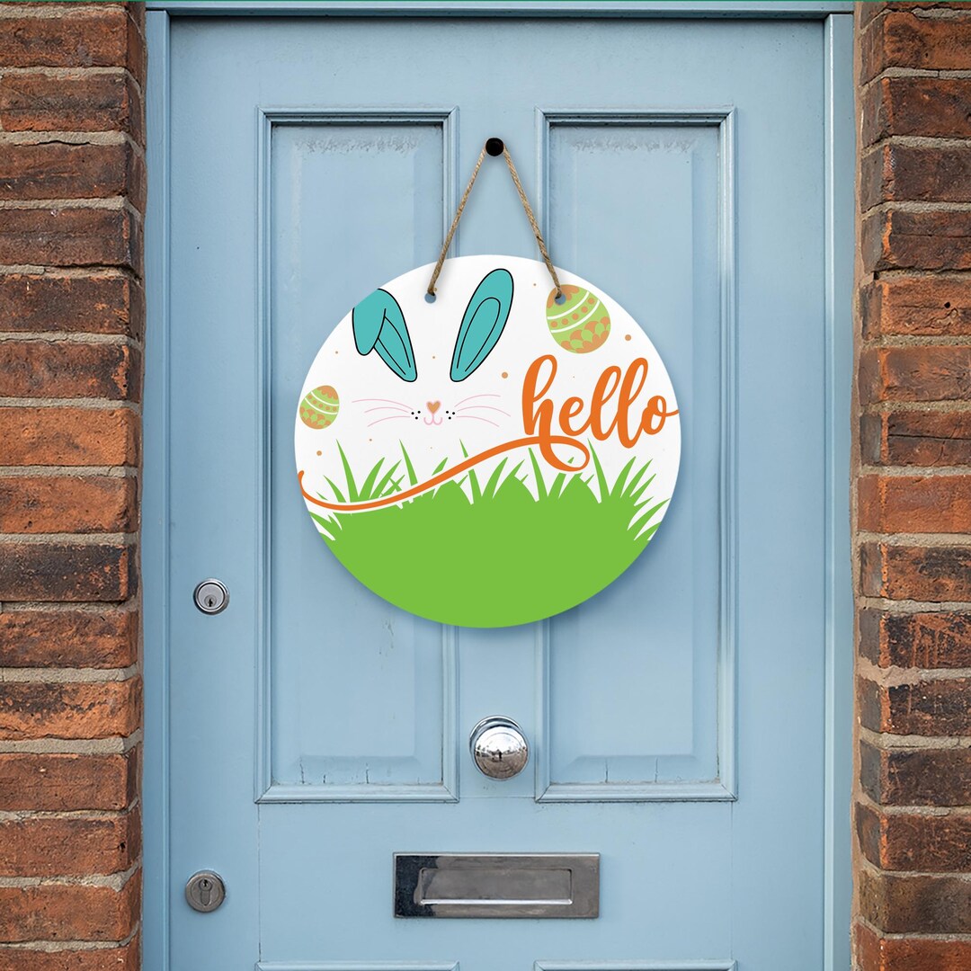 Hello Bunny Welcome Here Door Sign,peeps Door Hanger,wood Round Easter ...