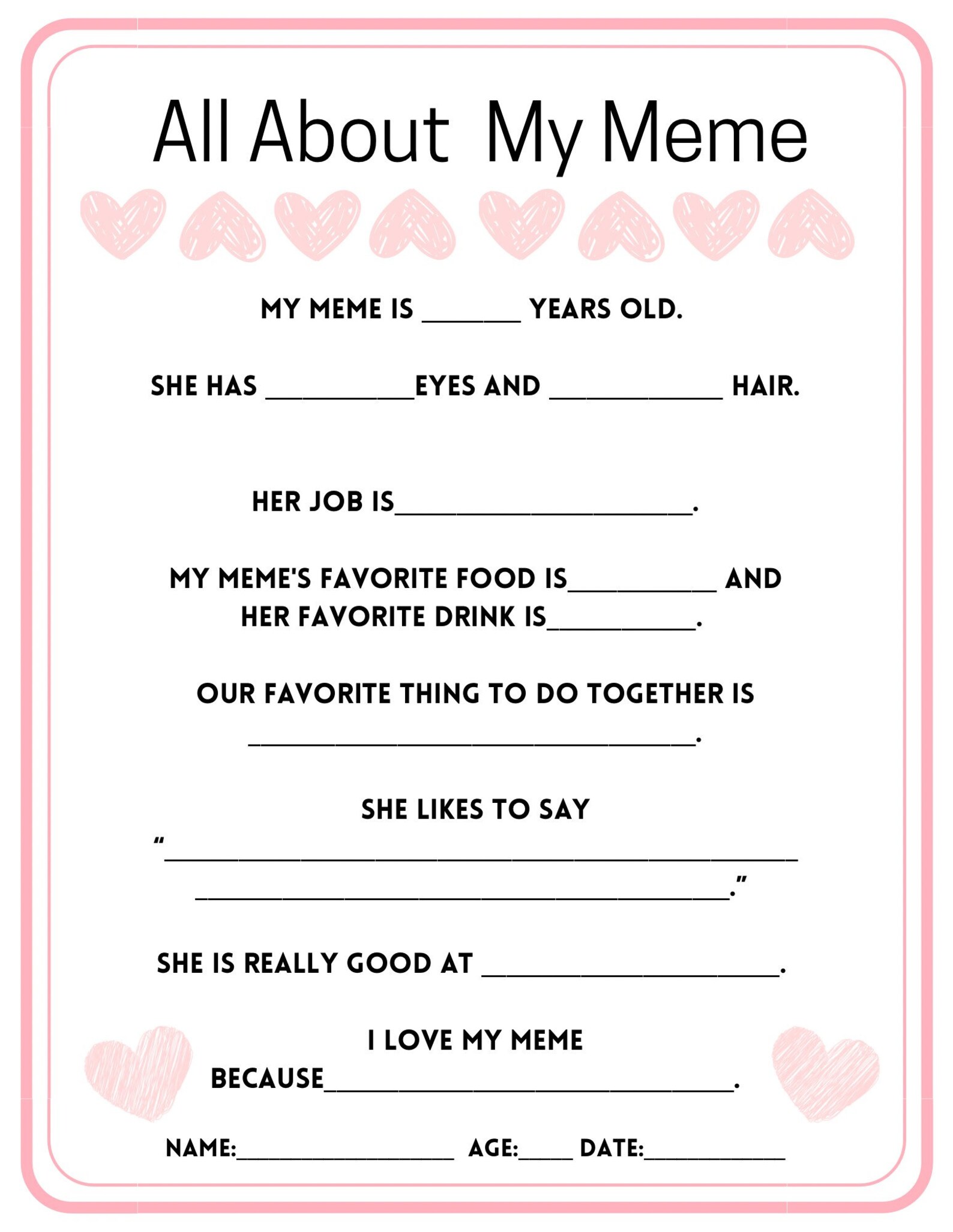 All About Meme, Meme Printable, Mother's Day Info Sheet, Mother's Day ...