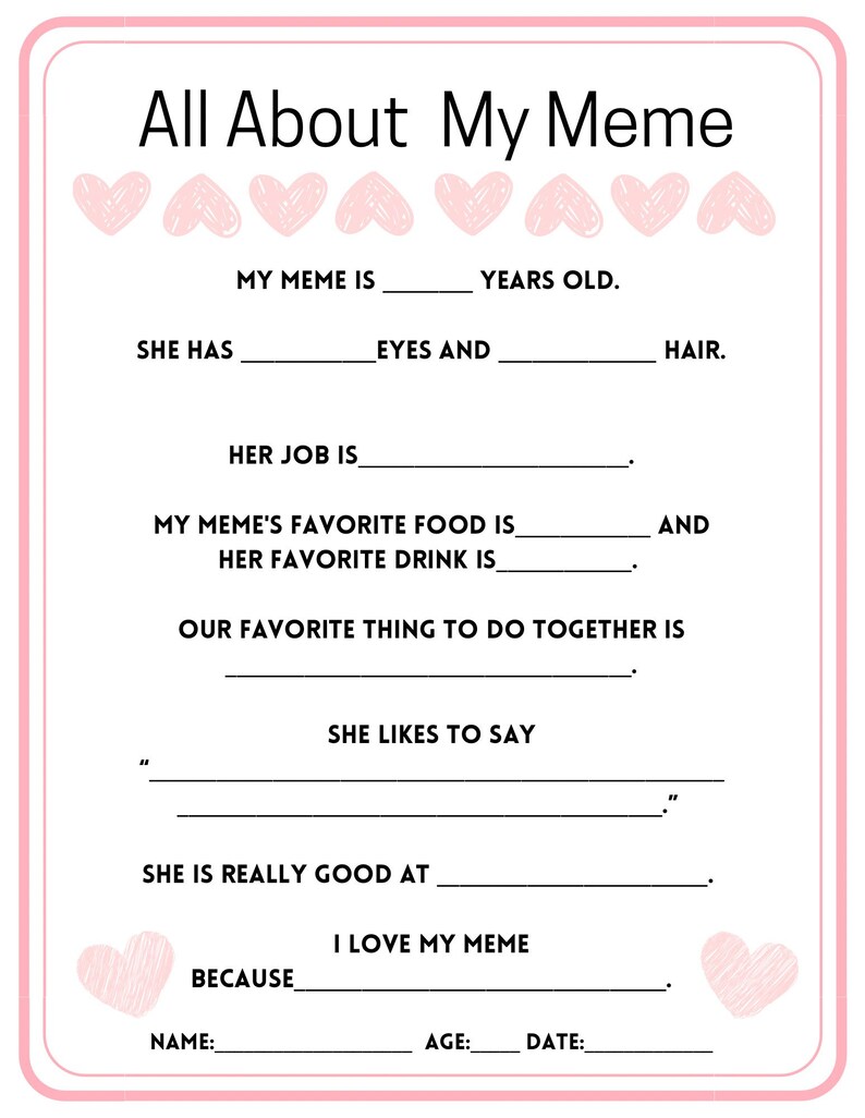 All About Meme Printable, Mother's Day Info Sheet (digital Download) - Etsy