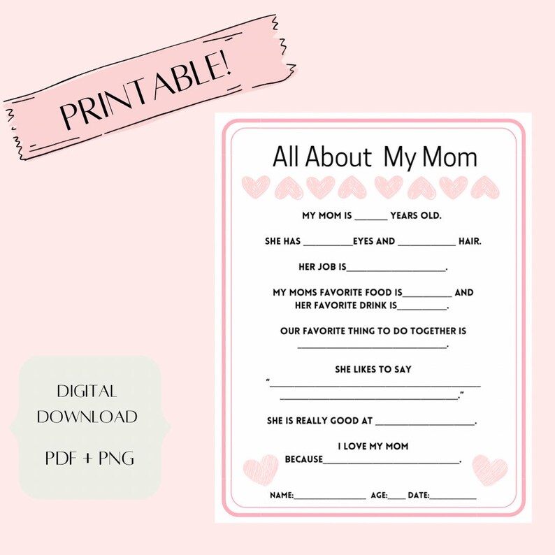 All About Mom, Mom Print, Mother's Day Info Sheet, Mother's Day, Simple ...