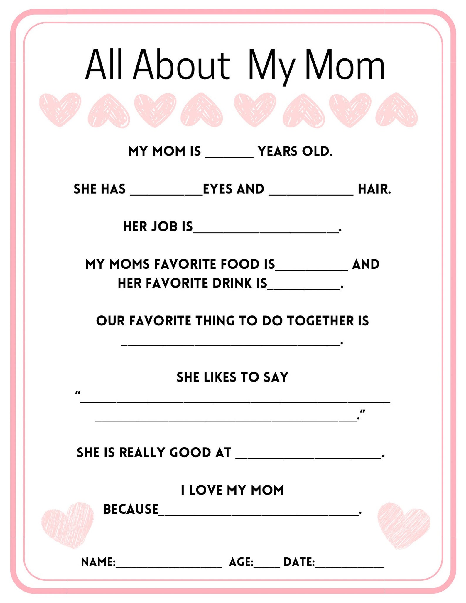 All About Mom, Mom Print, Mother's Day Info Sheet, Mother's Day, Simple ...