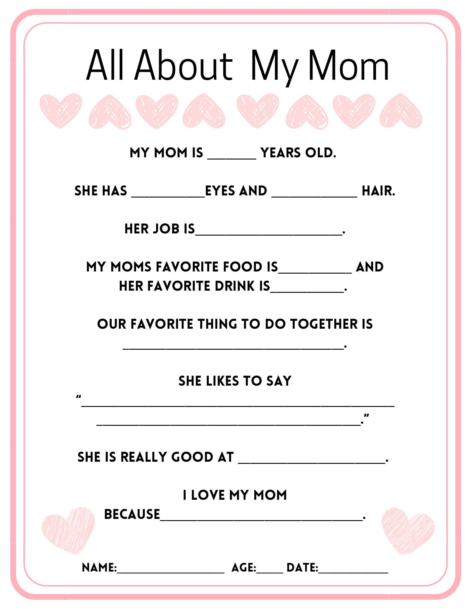 All About Mom, Mom Print, Mother's Day Info Sheet, Mother's Day, Simple ...