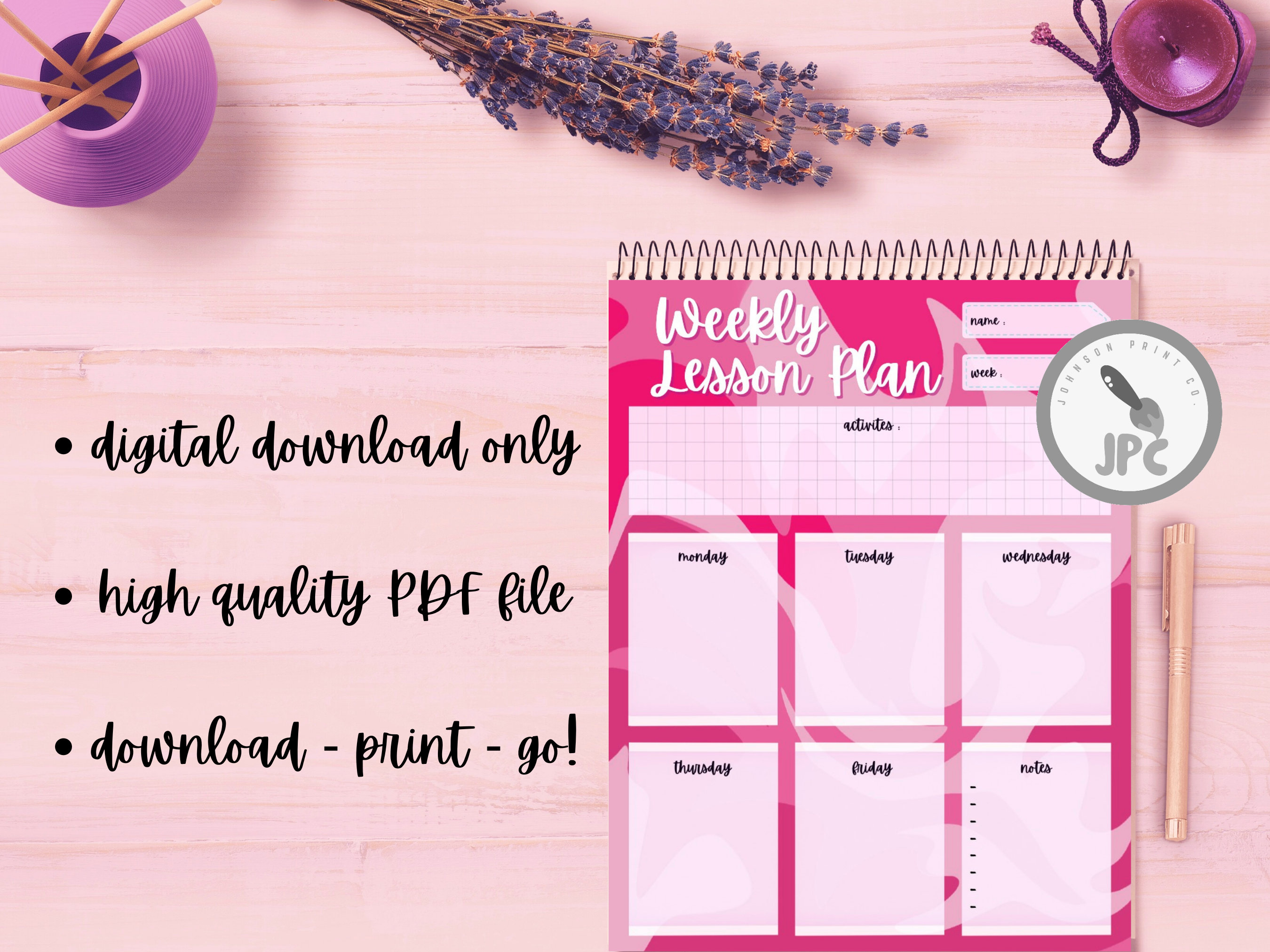 Weekly Lesson Plan Printable Calendar | Letter Sized PDF | Modern Pink ...
