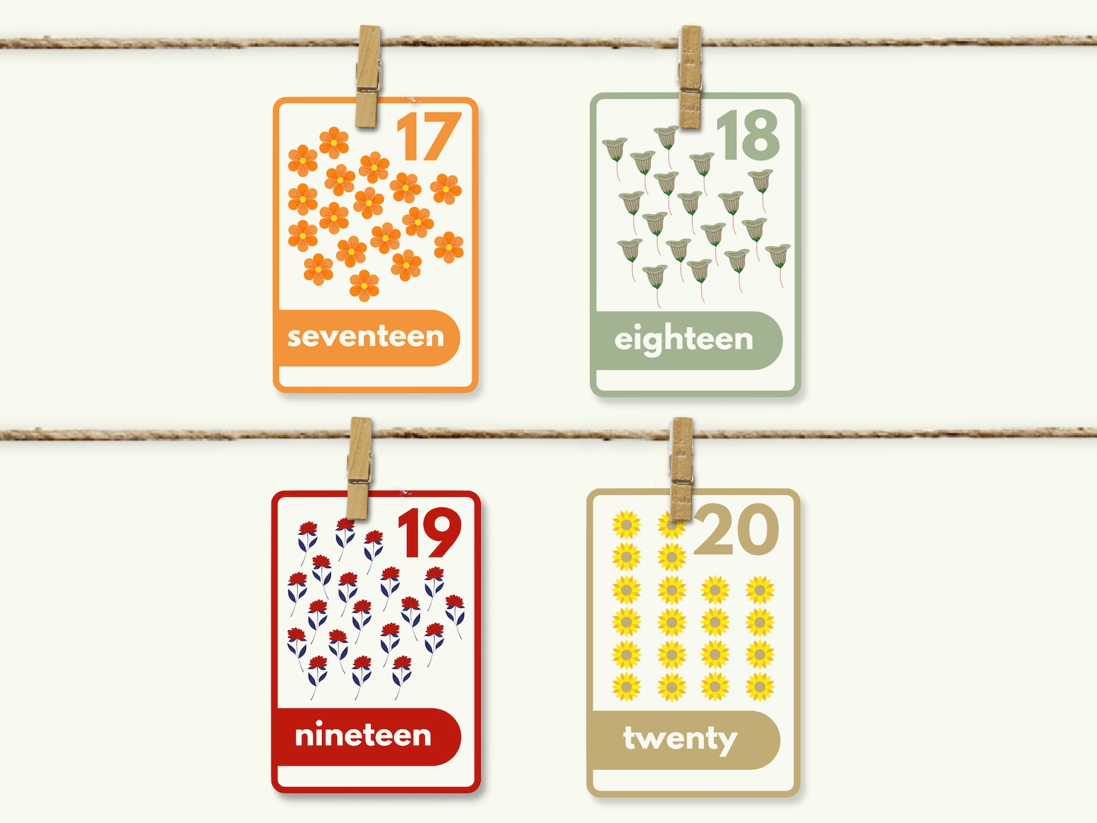 Number Flashcards 1-20, Flower Numbers Flashcards, Kindergarten ...